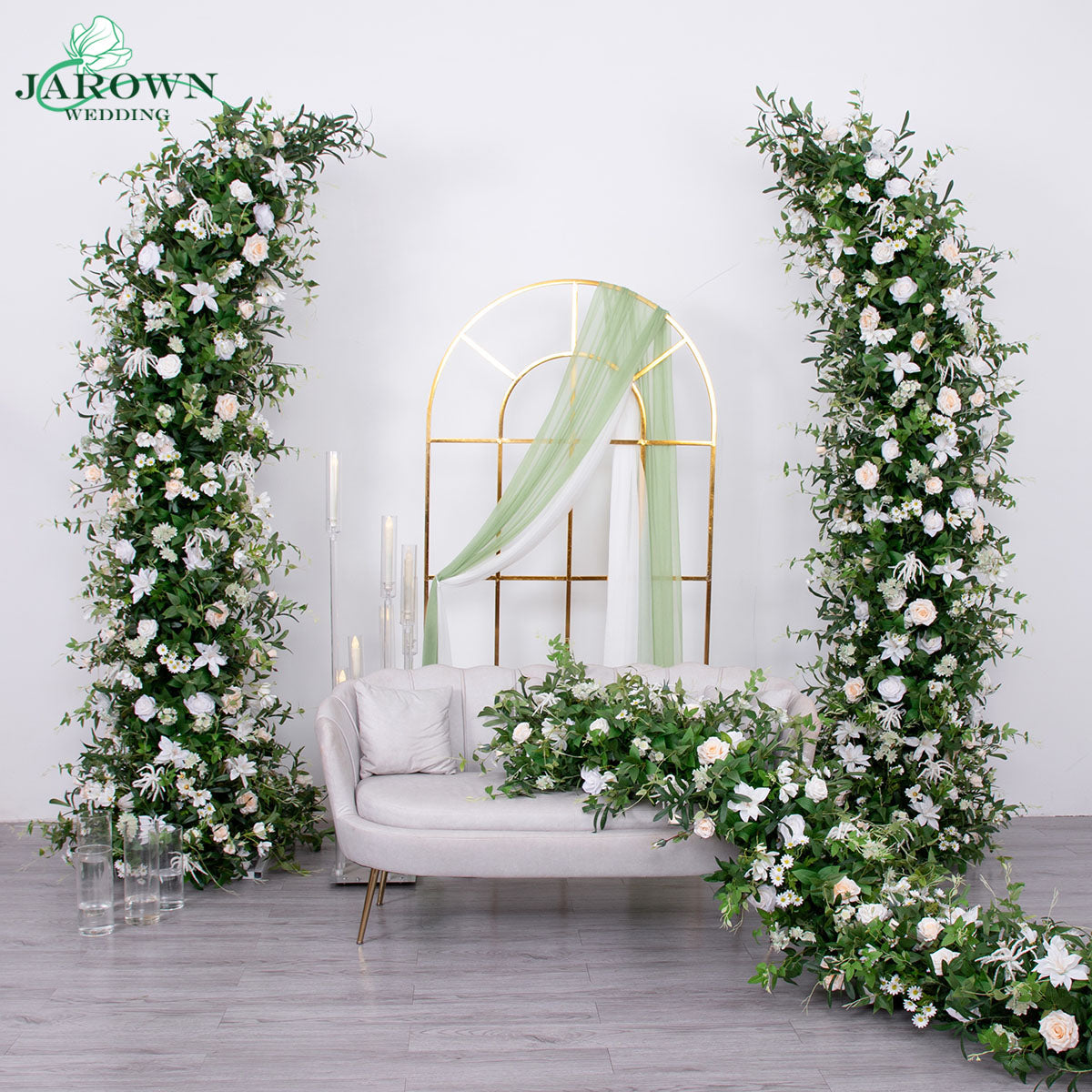 Runner & Double-Sided Open-Ended Flower Arch in Green/White – JarownWedding